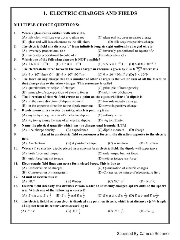 MCQ Question (Electric Charges ND Fields) | PDF