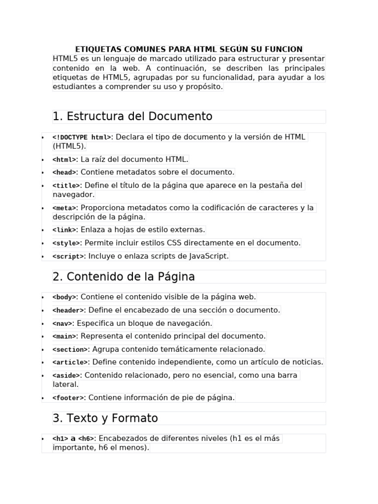Principales Etiquetas HTML5 por Función | PDF | HTML | Informática