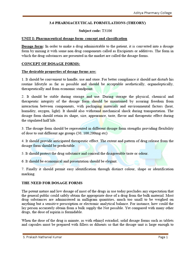 Unit 1 - Pharmaceutical Formulations - SPNK | PDF | Tablet (Pharmacy ...