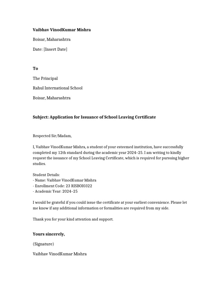 School Leaving Certificate Application Vaibhav Mishra-1 | PDF