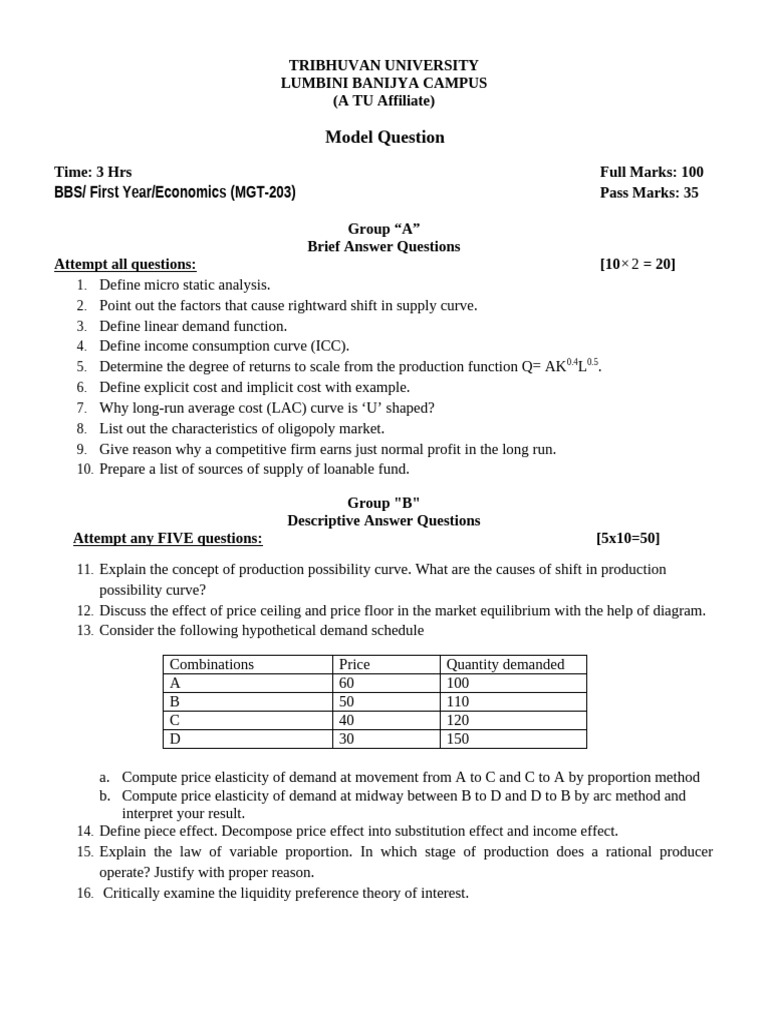 BBS Economics Model Questions Guide | PDF | Demand | Long Run And Short Run