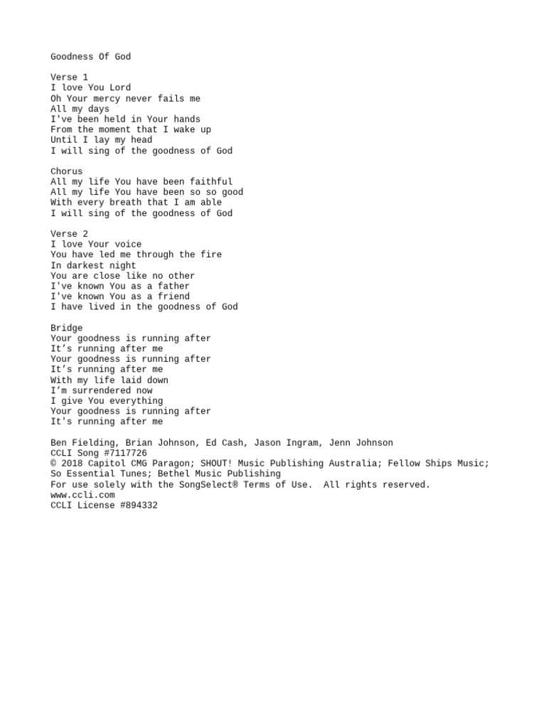 Goodness of God Lyrics PDF | PDF