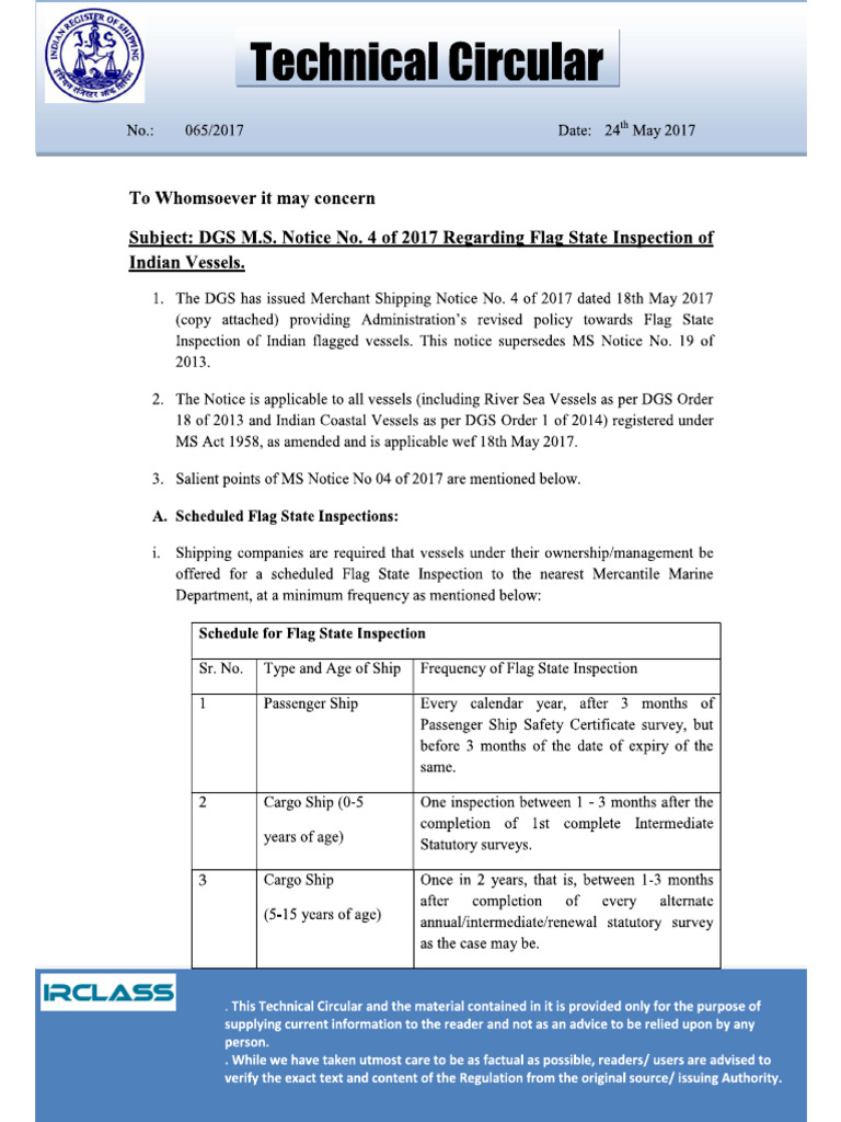 DGS M.S. Notice No. 4 of 2017 Regarding Flag State Inspection of | PDF