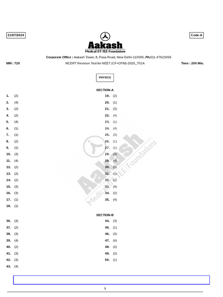 3b) Class 12 - Ch-2,3 - Answer Key - 21 July 2024 | PDF | Physical Chemistry | Chemistry