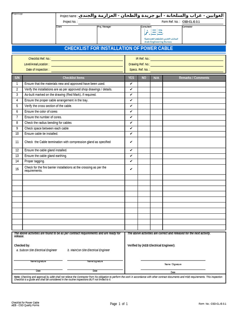 Power Cable Installation Checklist | PDF