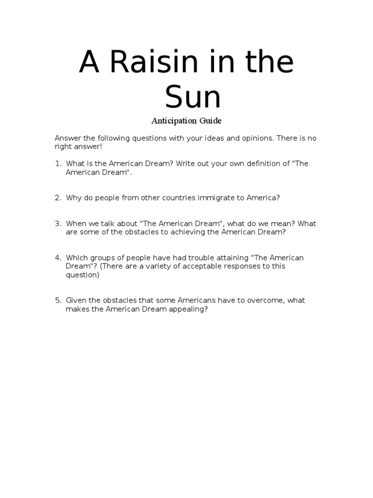 A Raisin in The Sun Anticipation Guide | PDF