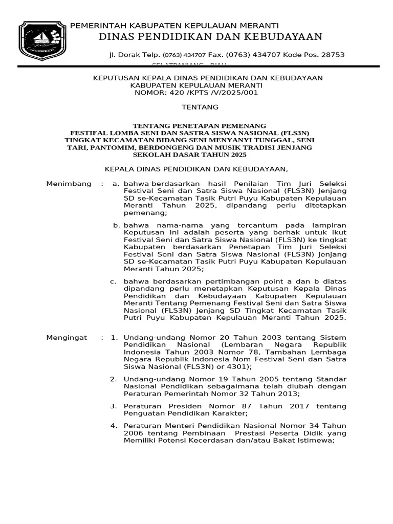 Pemenang FLS3N SD 2025 Kecamatan Meranti | PDF