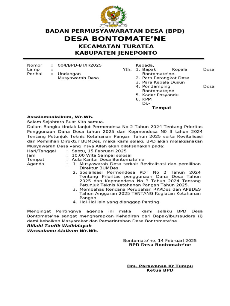 Undangan Musyawarah Desa Bontomate’ne | PDF