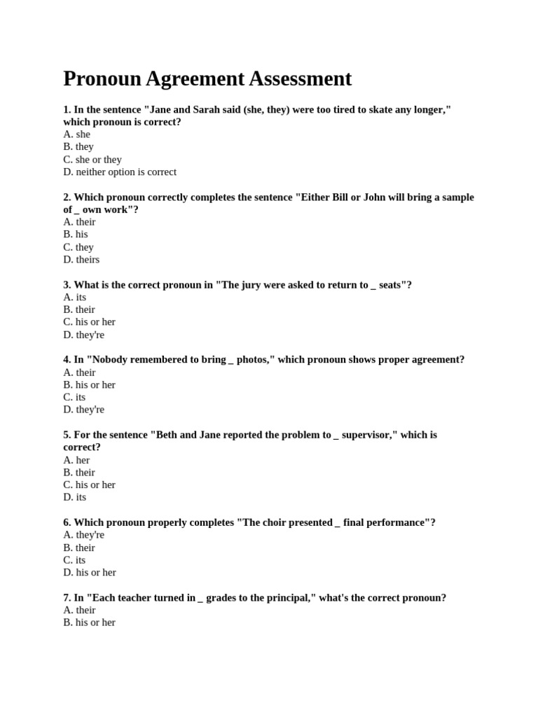 Pronoun Agreement Assessment | PDF