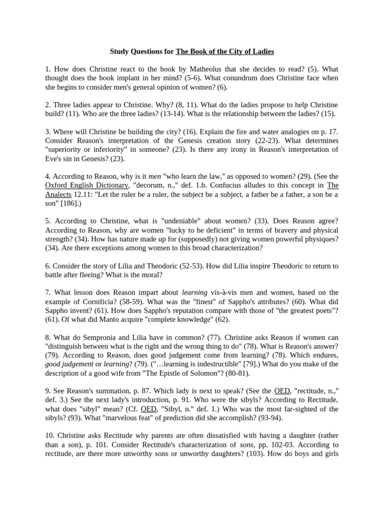 Study Questions For The Book of The City of Ladies | PDF