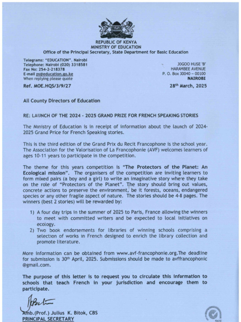 Letter-Cdes On Launch of Grand Prize For French Speaking Stories | PDF
