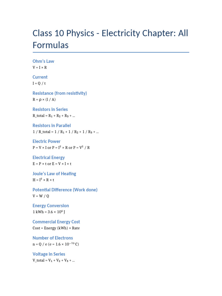 Class 10 Electricity Formulas | PDF