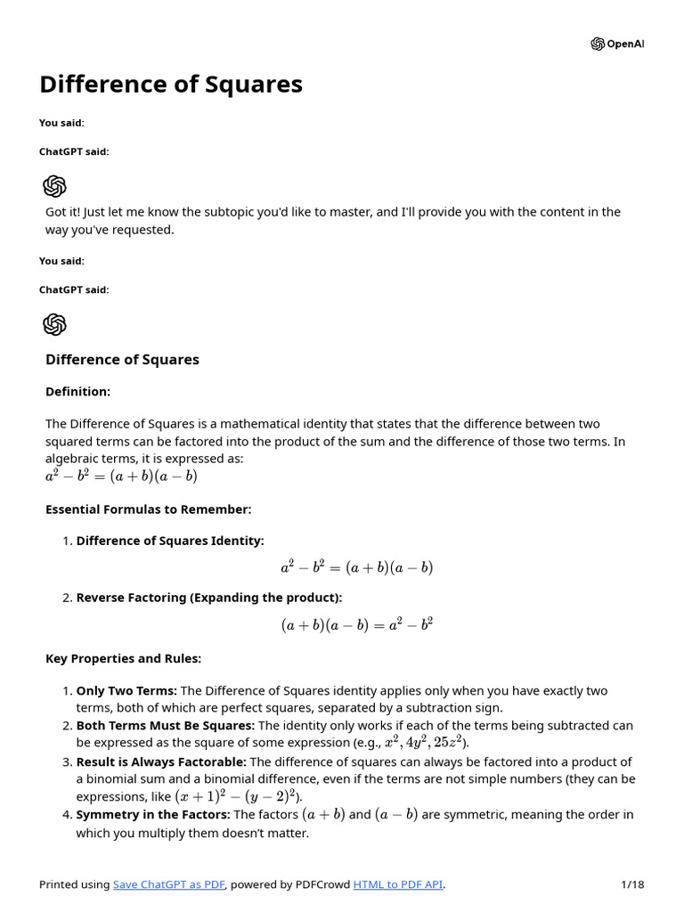 Factoring the Difference of Squares | PDF | Quadratic Equation ...
