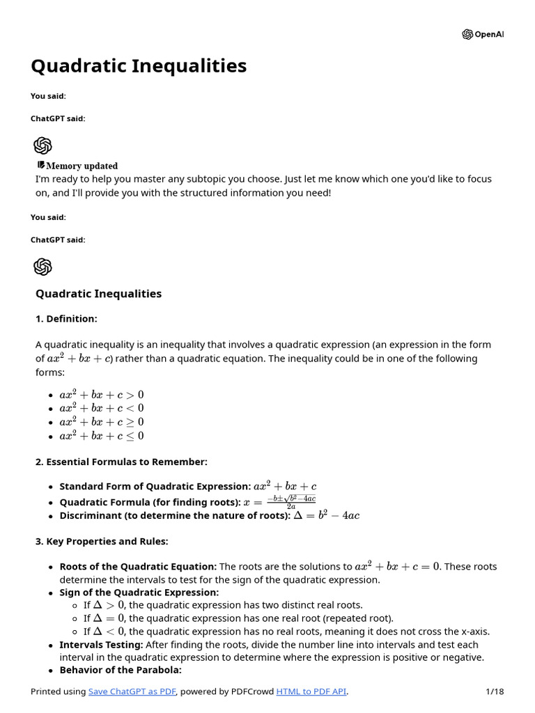 Understanding Quadratic Inequalities | PDF | Quadratic Equation ...
