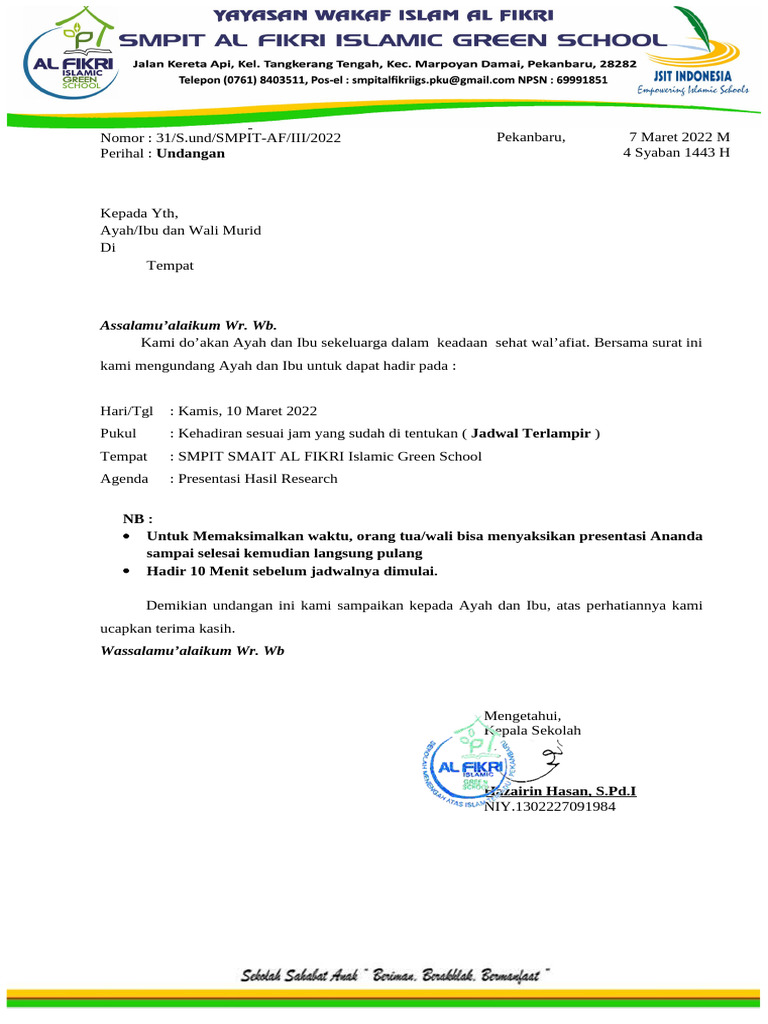 Surat Undangan Presentasi Riset SMP | PDF