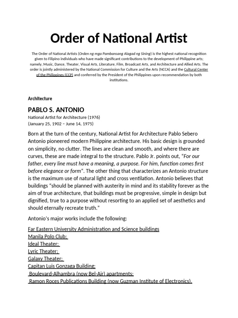 Order of National Artist | PDF | Philippines | The Arts