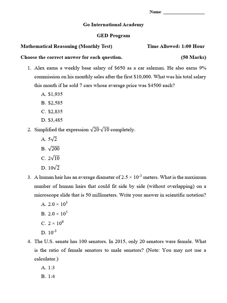 GED Math Reasoning Monthly Test | PDF