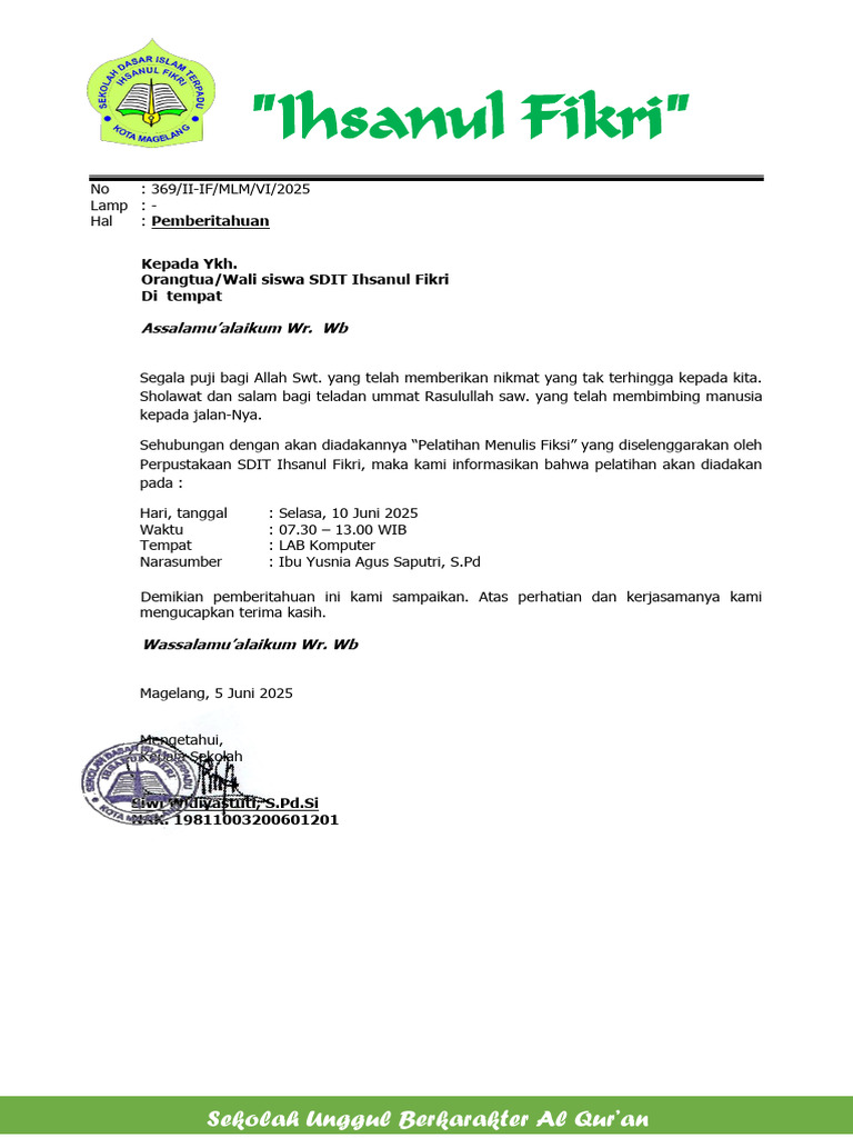 Surat Pemberitahuan Pelatihan Menulis FLP | PDF