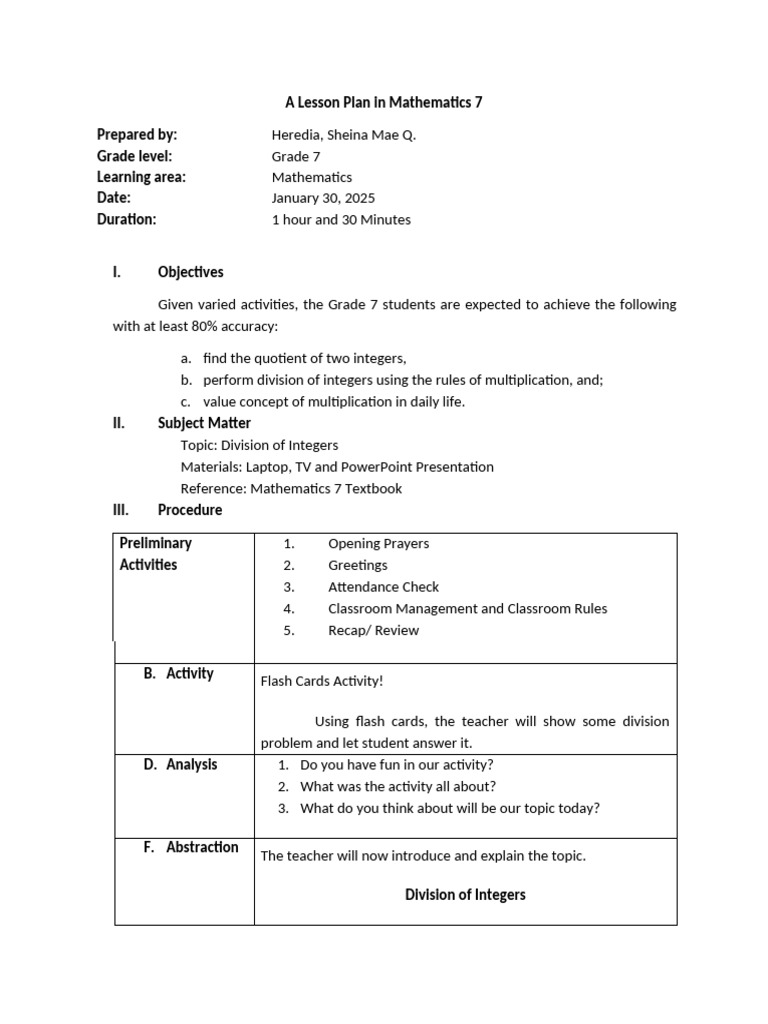 Division of Integers Lesson Plan | PDF | Division (Mathematics ...