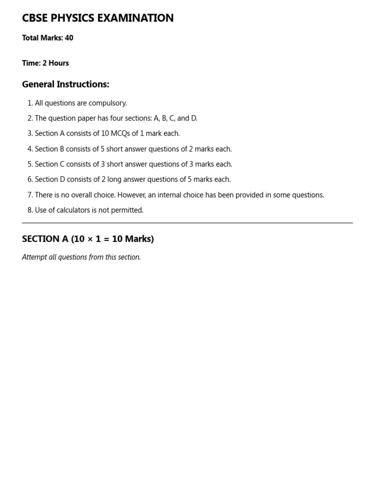 CBSE Physics Exam - Electric Charges and Fields, Electric Potential and Capacitance, Current ...