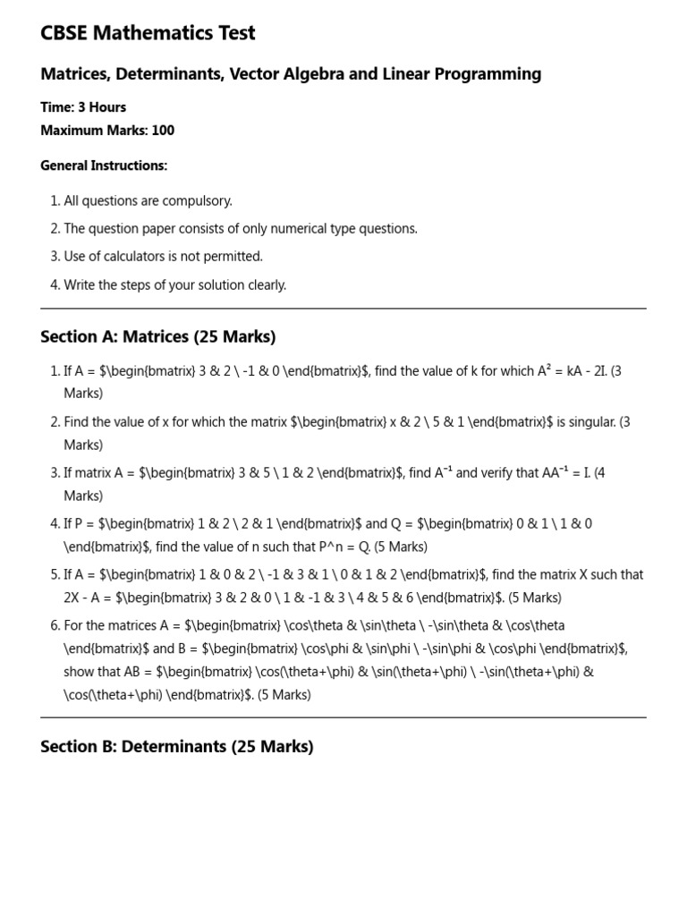 CBSE Mathematics Test - Matrices, Determinants, Vector Algebra and ...