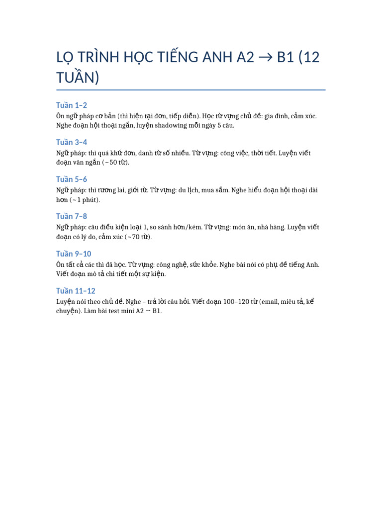 LoTrinh A2 B1 VietMau TuVung | PDF