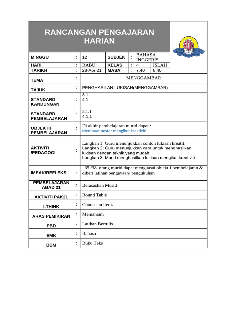 Rancangan Pengajaran Harian: Minggu Subjek Hari Kelas Tarikh Masa Tema ...
