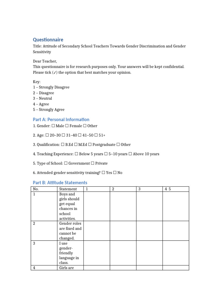 Gender Sensitivity Questionnaire for Teachers | PDF