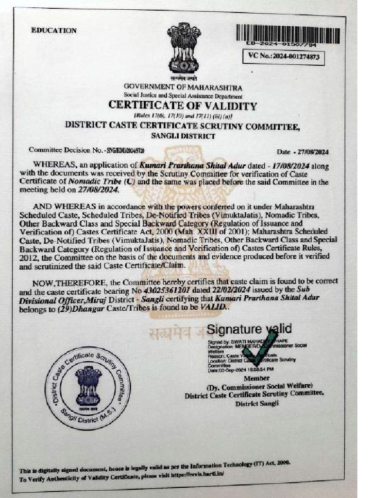 Caste Certificate Validity Confirmation | PDF | Justice | Crime & Violence