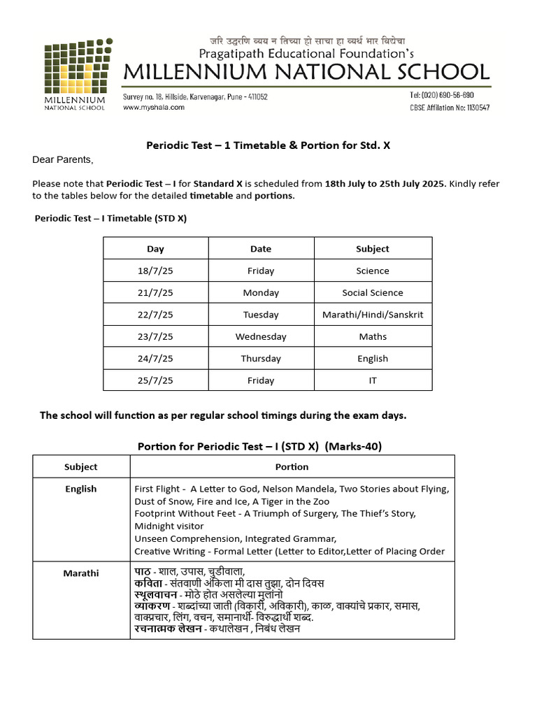 STD 10 PeriodicTest I Timetable Portion-2 | PDF