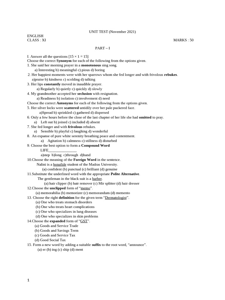 11th English Unit Test Question Paper | PDF