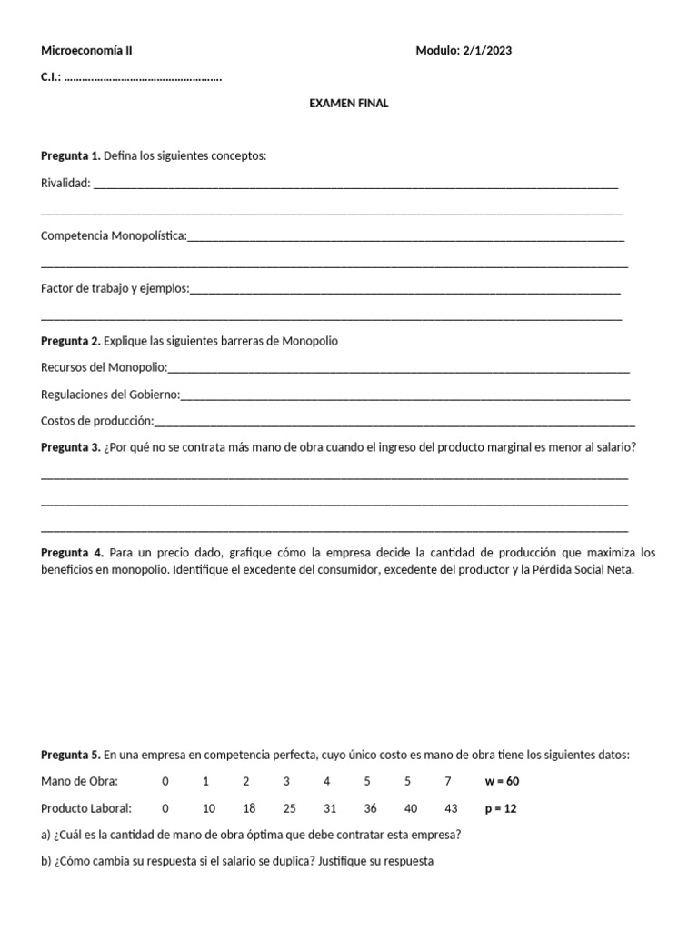 Examen Final | PDF | Monopolio | Excedente económico