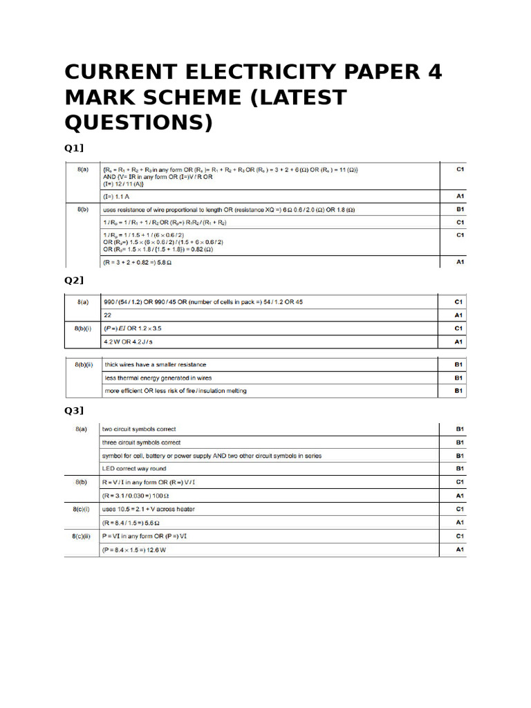 Current Electricity Paper 4 Mark Scheme | PDF
