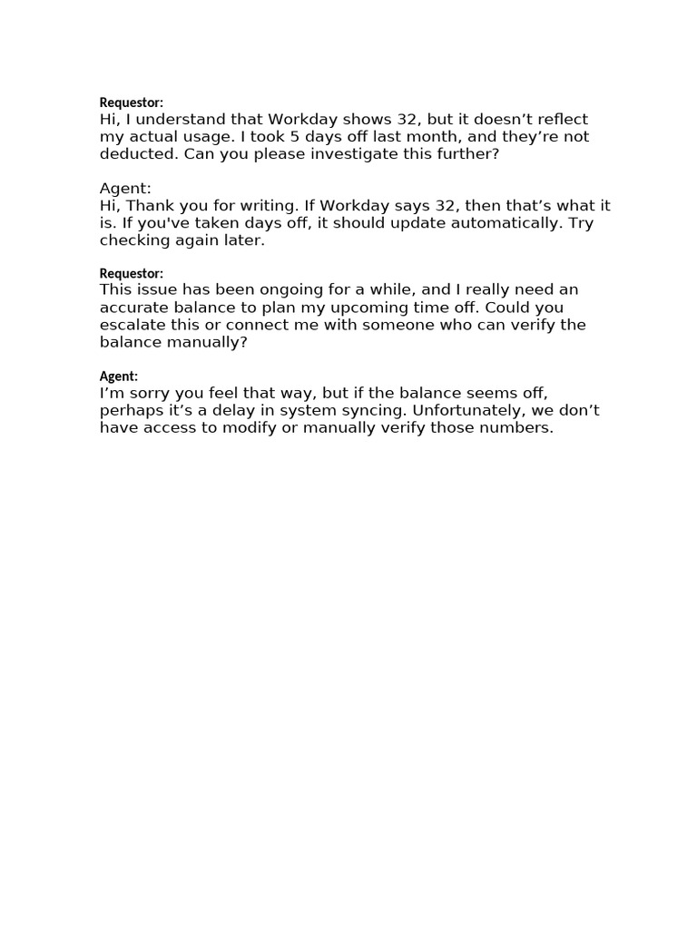 Workday Leave Balance Discrepancy Issue | PDF