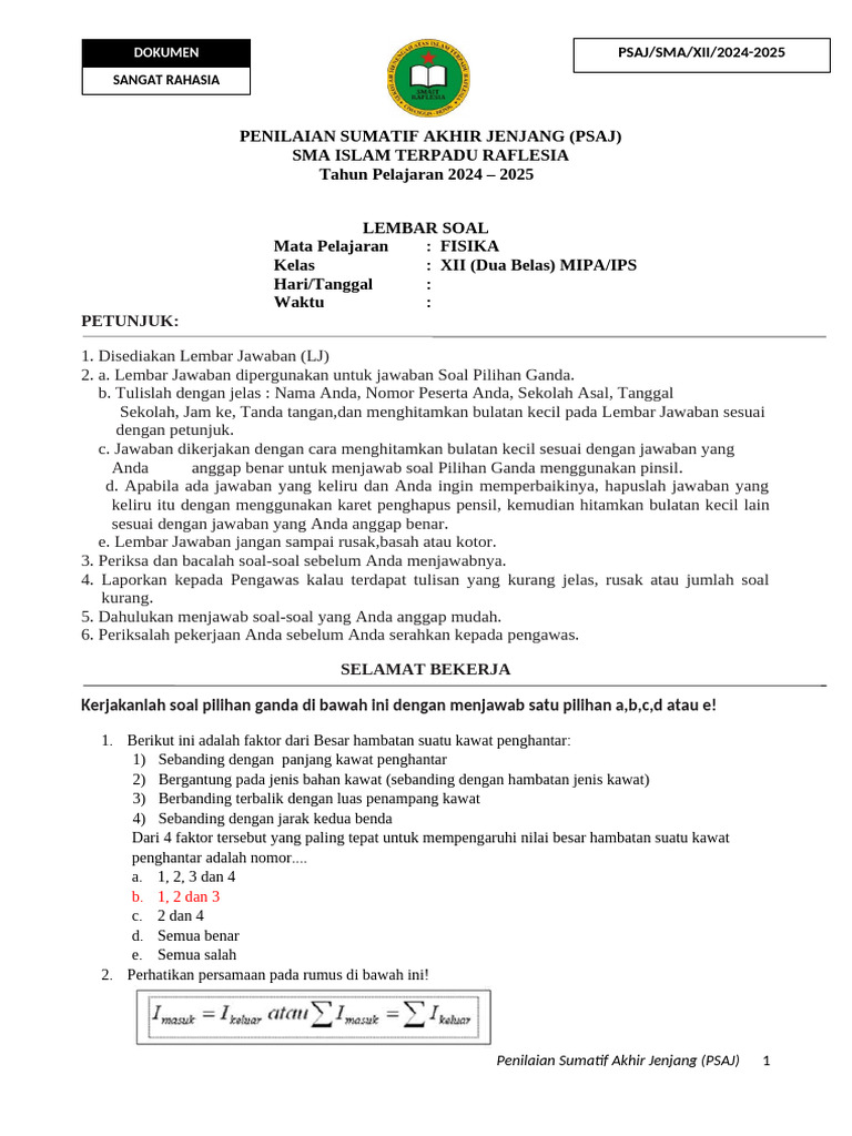 Soal Ipa Fisika Kelas Xii Mipa Psaj 2024-2025 | PDF