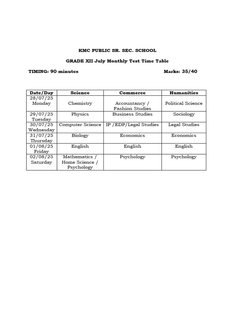 Xii July Monthly Test Timetable | PDF