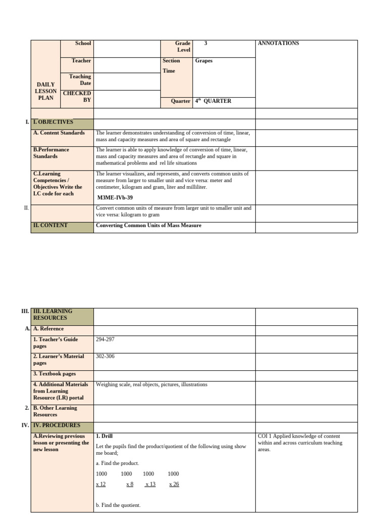 Math Cot With Annotation | PDF | Learning | Kilogram