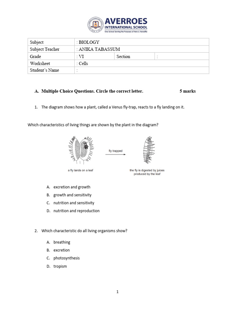 Work Sheet - Features of Living Organisms | PDF | Nutrition | Diet ...