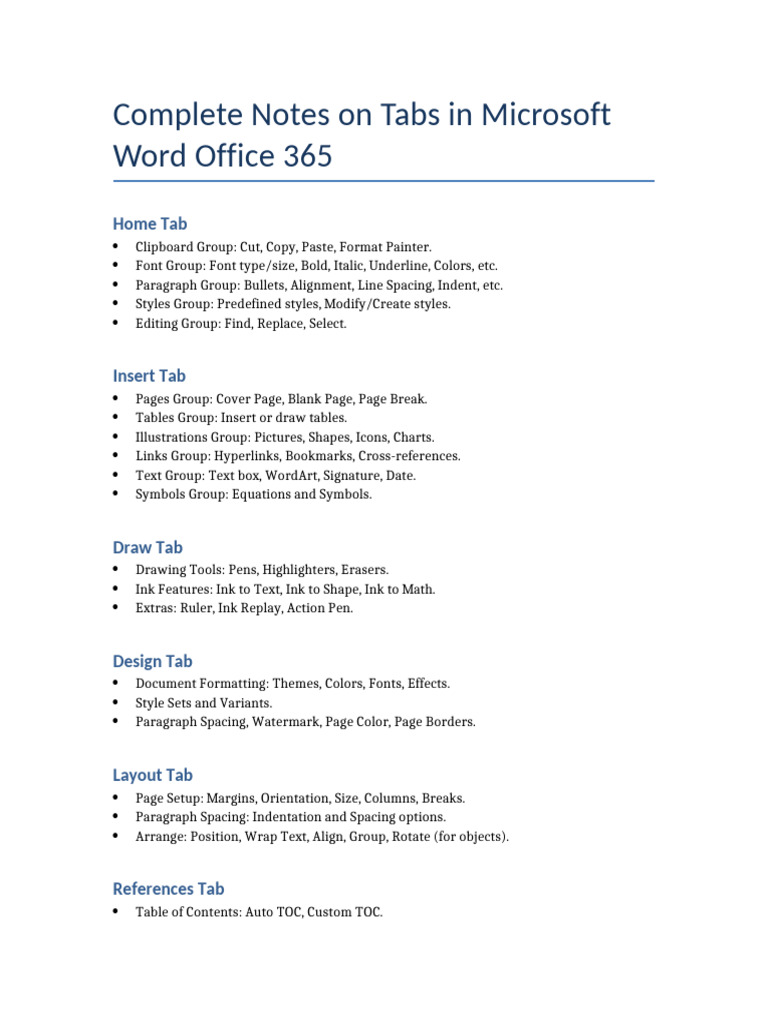 MS Word 365 Tabs Complete Notes | PDF | Microsoft Word | Paragraph