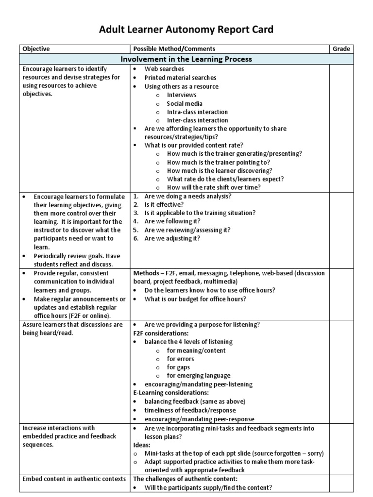 Adult Learner Autonomy Checklist | PDF | Educational Technology ...