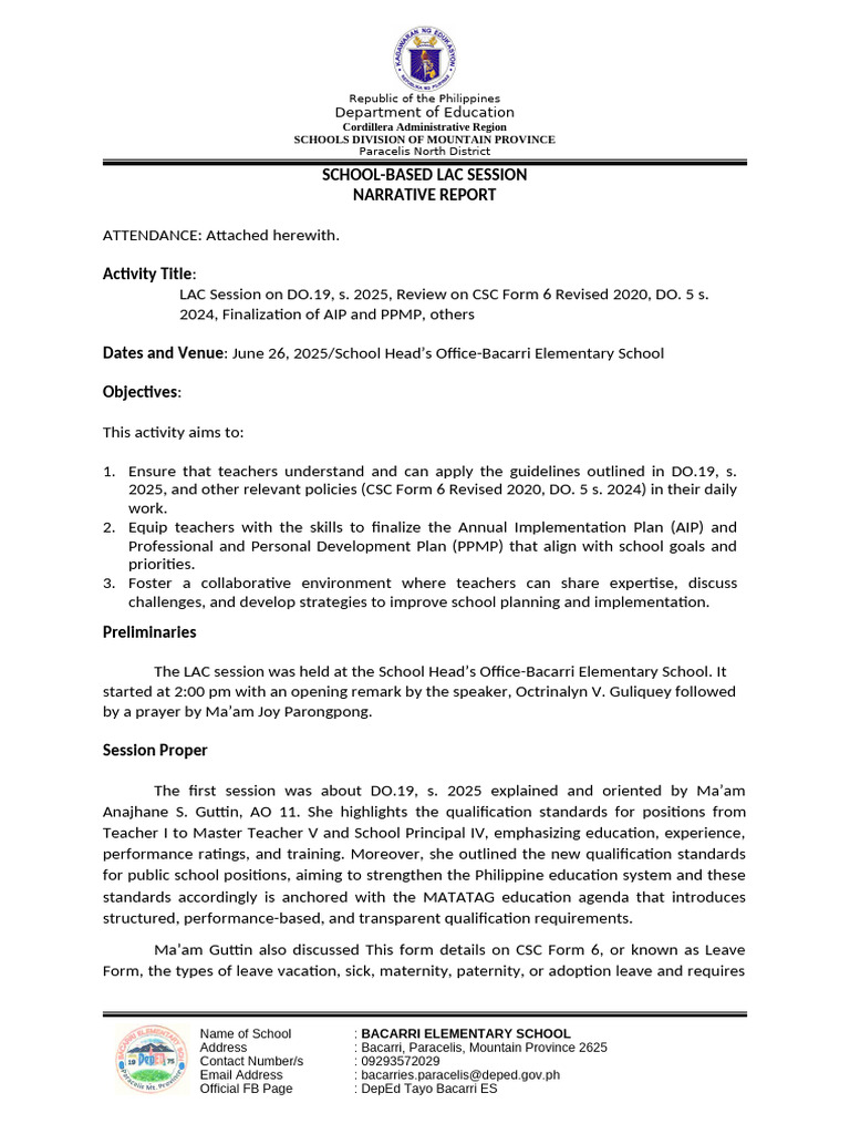 Bacarri Elementary School LAC Session Report | PDF | Teachers | Learning