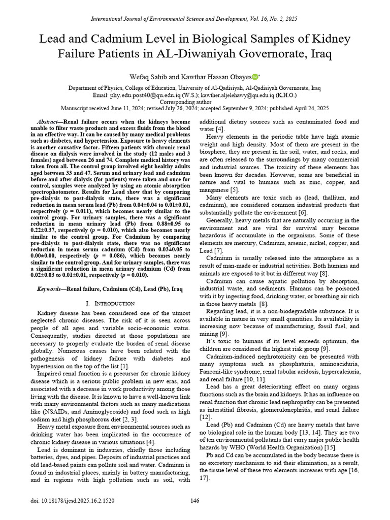 Lead and Cadmium Level in Biological Samples of Kidney Failure Patients ...