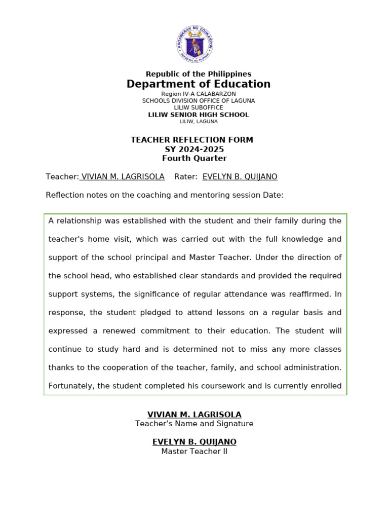 Teacher Reflection Form | PDF
