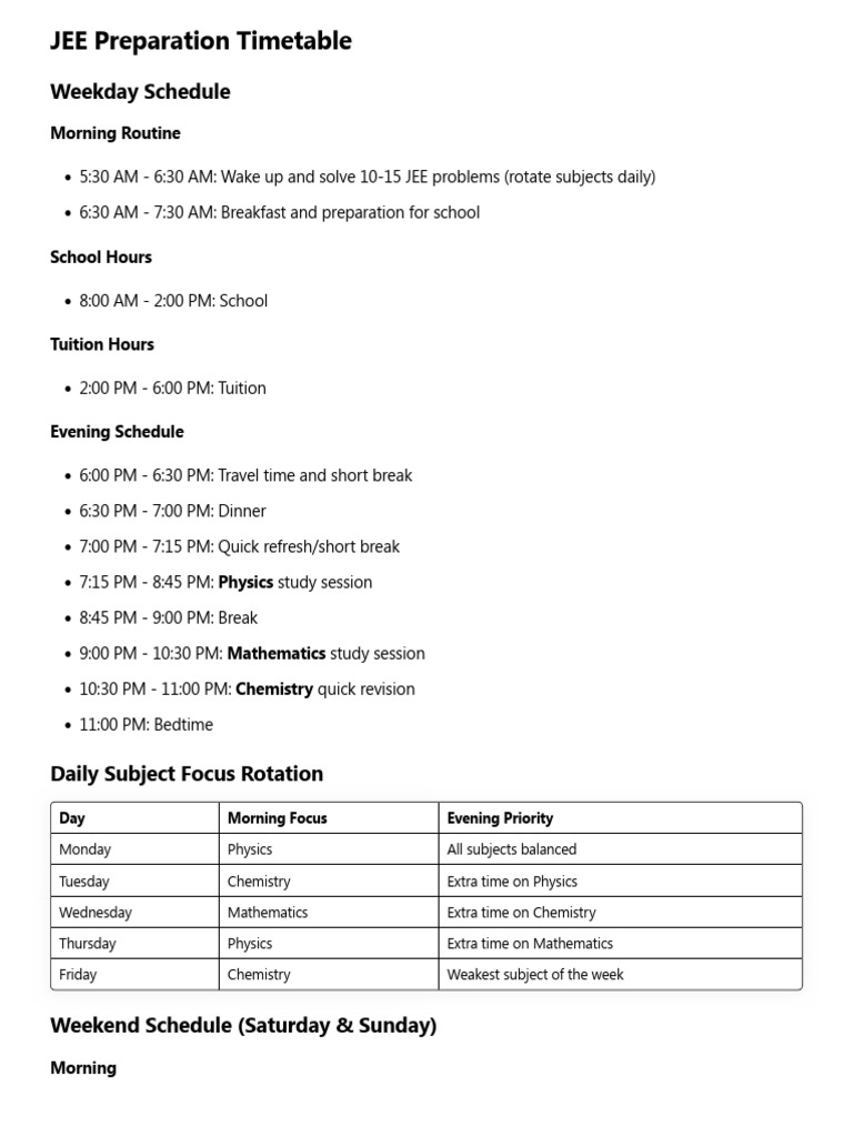JEE Preparation Timetable Guide | PDF