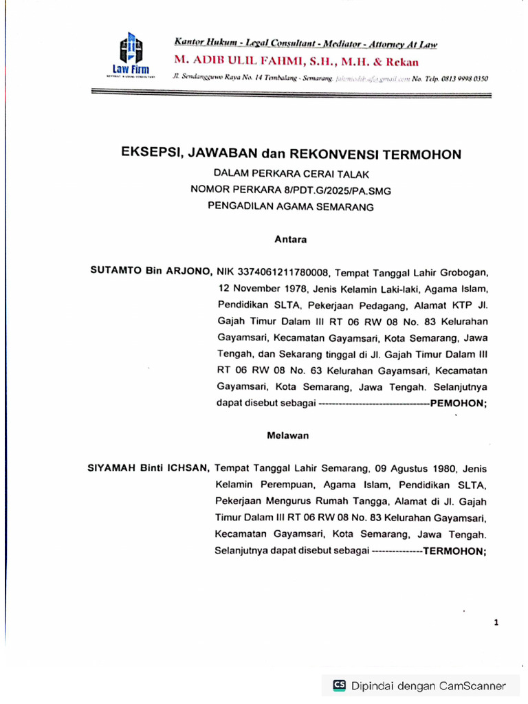 Eksepsi Jawaban Dan Rekonvensi Termohon | PDF
