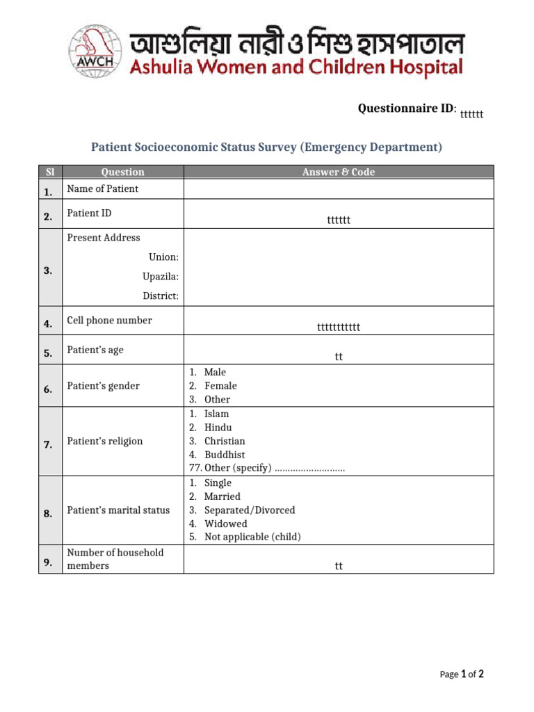 Patient Socioeconomic Status Survey | PDF
