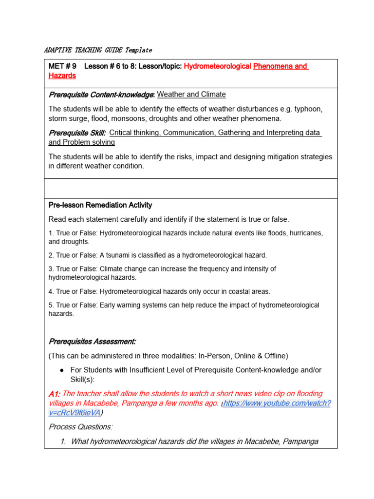Adaptive Teaching Guide Template 2 1 | PDF | Natural Disasters | Hazards