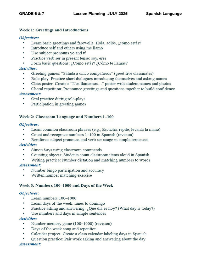 Spanish Lesson Plans for Grades 6-7 | PDF | Language Mechanics | Languages