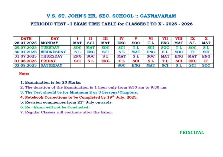 Class I-X Exam Time Table 2025-2026 | PDF
