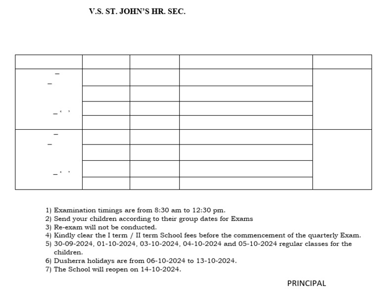 U.K.G Quarterly Exam Timetable 2024-25 | PDF
